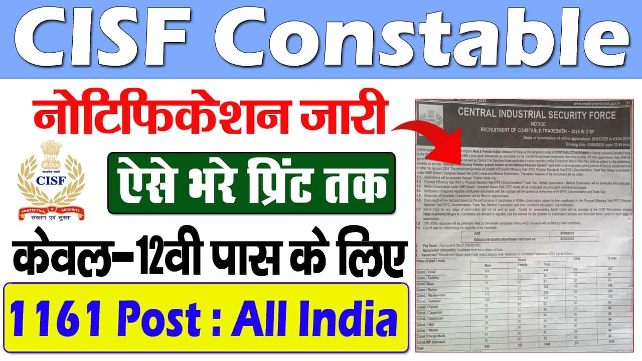 CISF Constable Tradesmen Recruitment 2025 : Notification Out,Age,Fees ...